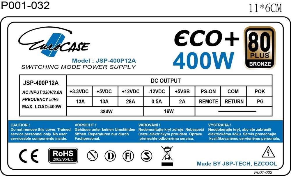 EUROCASE Eco+ 400W, 120mm, 80+ Bronze (ECO400) | TSBOHEMIA.CZ