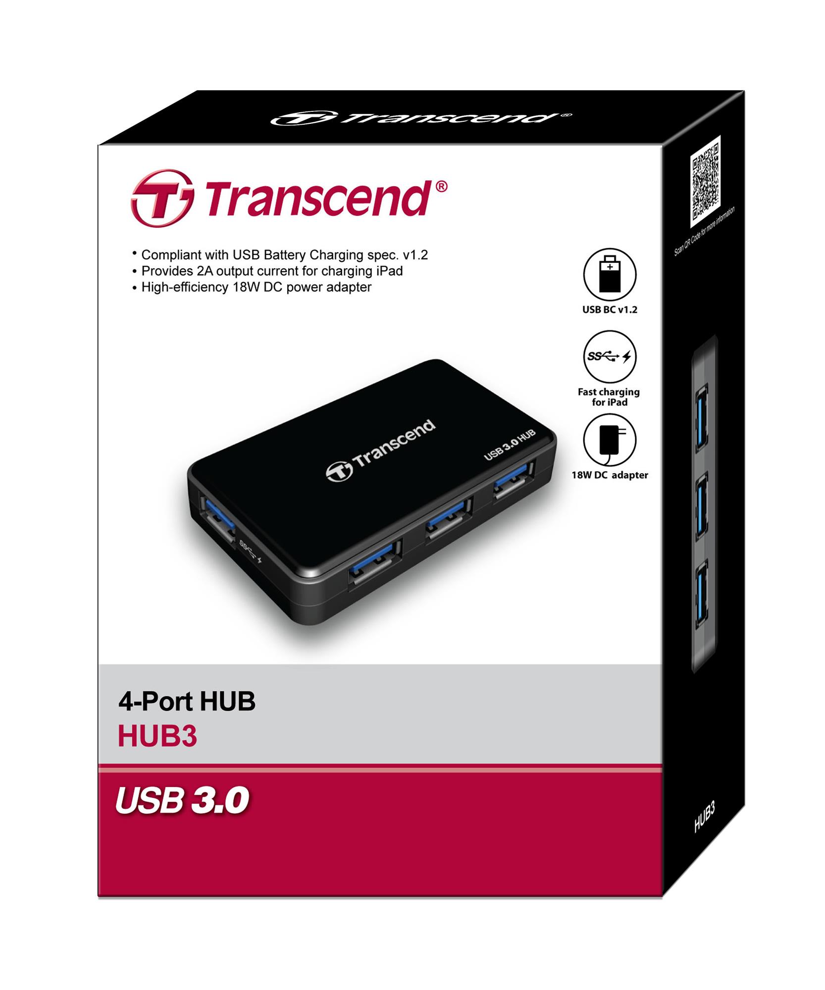 Transcend USB 3.0 4-port HUB3, aktivní se zdrojem (TS-HUB3K) | TSBOHEMIA.CZ